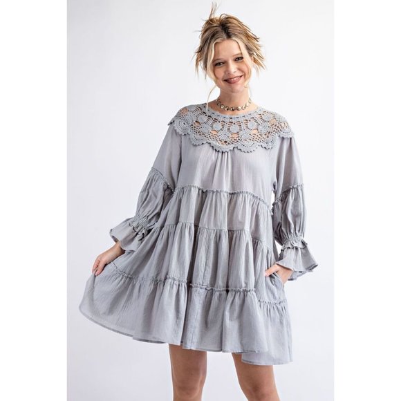 easel | Dresses | Easel Blue Sky Crochet Lace Cotton Gauze Ruffled ...